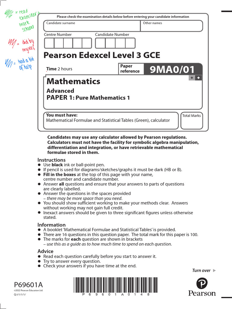 Pearson Edexcel Level 3 GCE Mathematics: Paper 1 | PDF | Mathematics ...