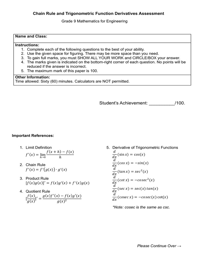 Chain Rule and Trigonometric Function Derivatives Assessment | PDF | Derivative | Mathematical ...