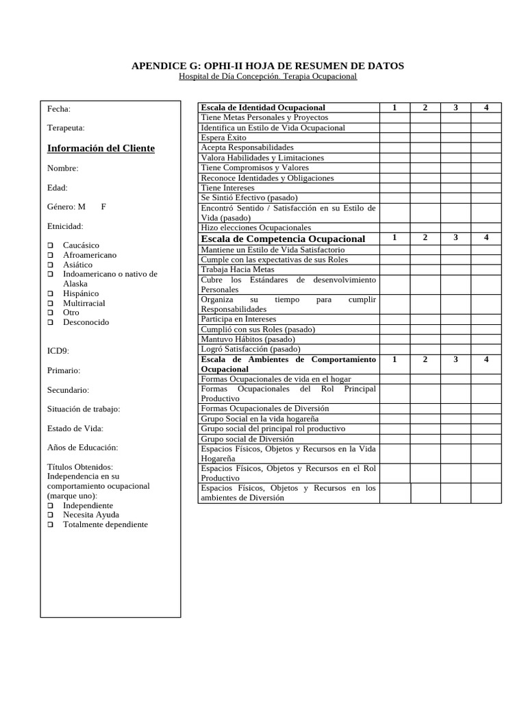 OPHI-II Apéndice G RESUMEN | PDF | Terapia ocupacional | Grupo social
