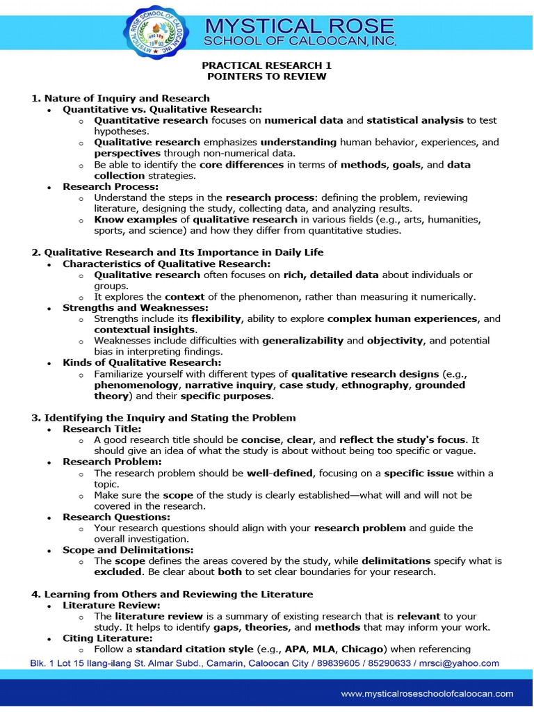 PR1 First Mastery Test 2025 Pointers To Review | PDF | Qualitative ...