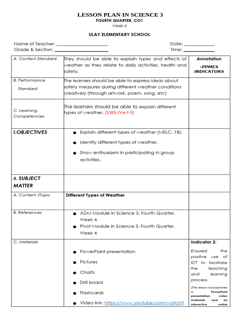 Cot Science 3, Q4-W3, Types of Weather | PDF | Learning | Cloud