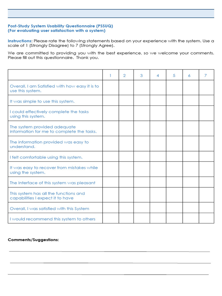 Post-Study Usability Questionnaire Guide | PDF