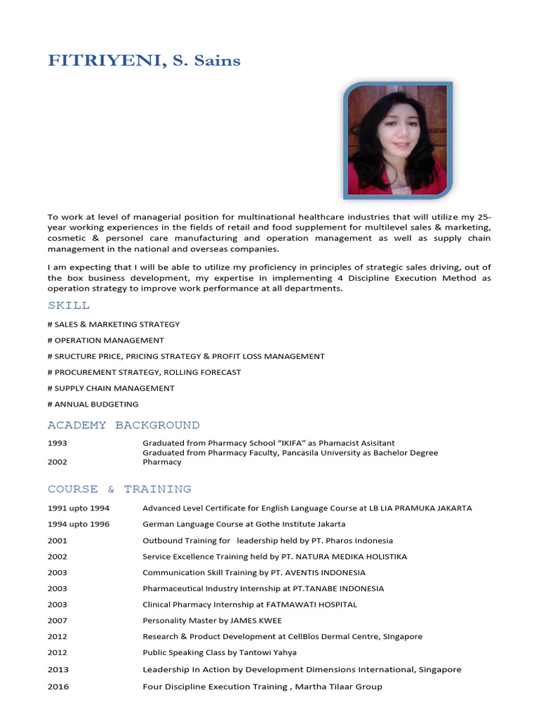 July 2023 Fitriyeni Updated CV | PDF | Cosmetics | Pharmacy