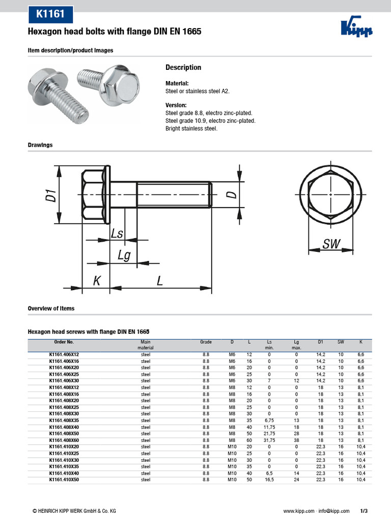 K1161 Datasheet 18473 Hexagon Head Bolts With Flange DIN en 1665 - en ...