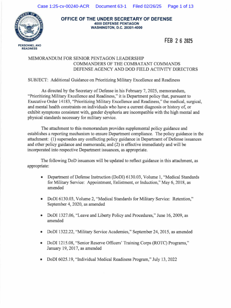 DOD Memo Discharging Transgenders | PDF | Joint Chiefs Of Staff ...