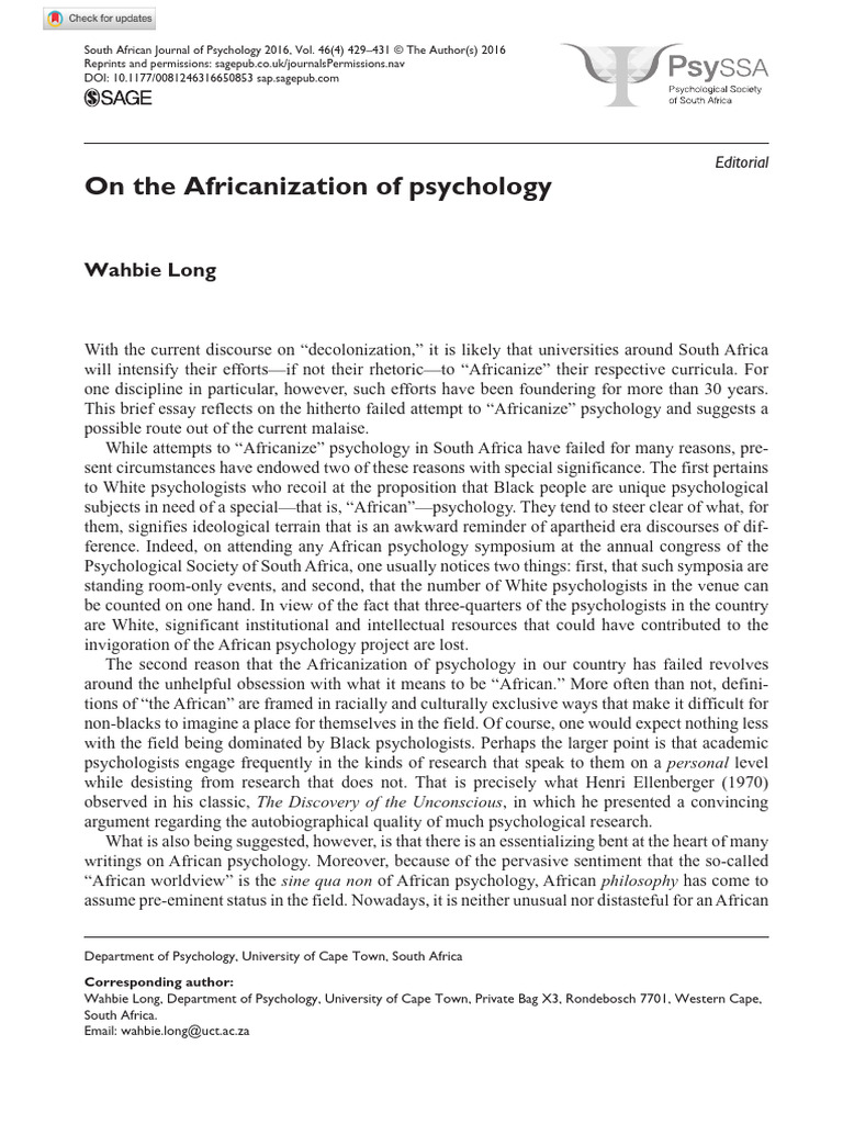 On The Africanization of Psychology-1 | PDF | Psychology | Liberal Arts ...