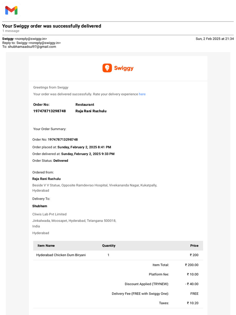 Gmail - Your Swiggy Order Was Successfully Delivered | PDF