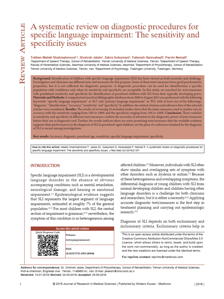 Diagnostic Tests for SLI in Preschoolers | PDF | Medical Diagnosis ...