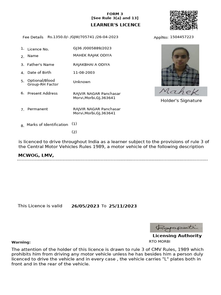 Learner's Licence Form Details | PDF