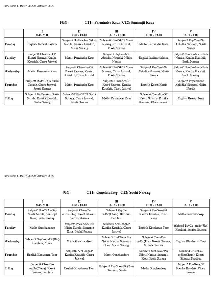 TimeTable 17-28 March 2025 - Class 10IG and 9IG | PDF