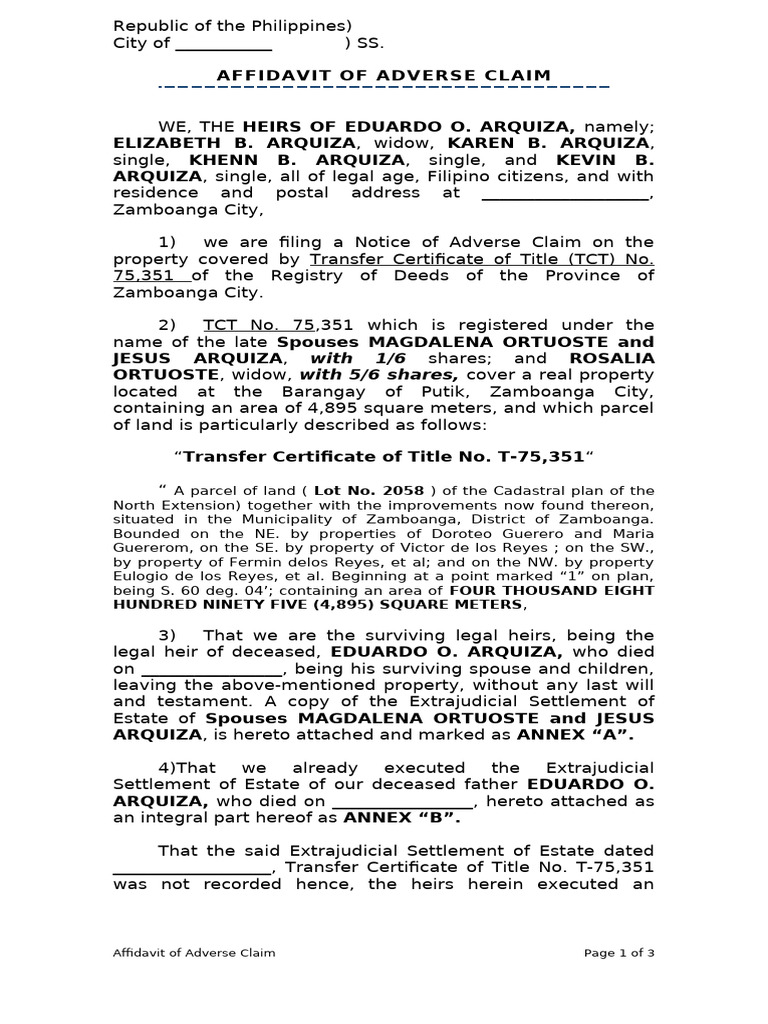 Adverse Claim-Putik-Elizabeth Arquiza | PDF | Affidavit | Legal Procedure
