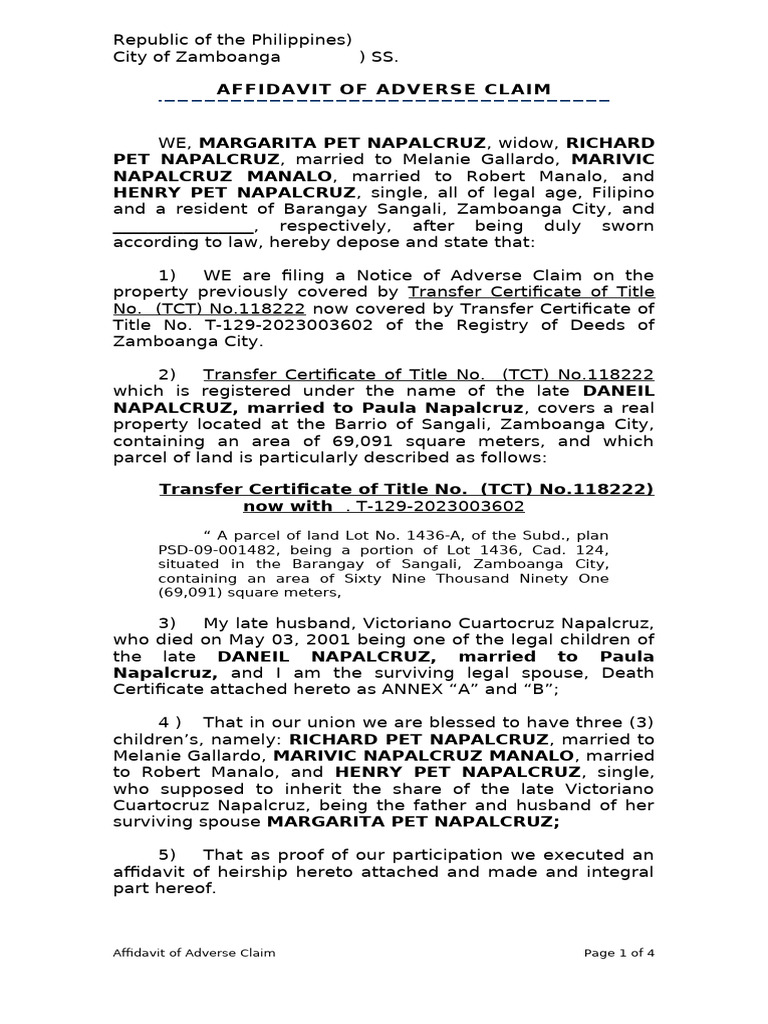 Adverse Claim - Margarita Napalcruz | PDF | Affidavit | Legal Documents