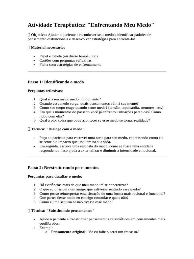 Enfrentando Meus Medos: Atividade Terapêutica | PDF | Pensamento | Medo