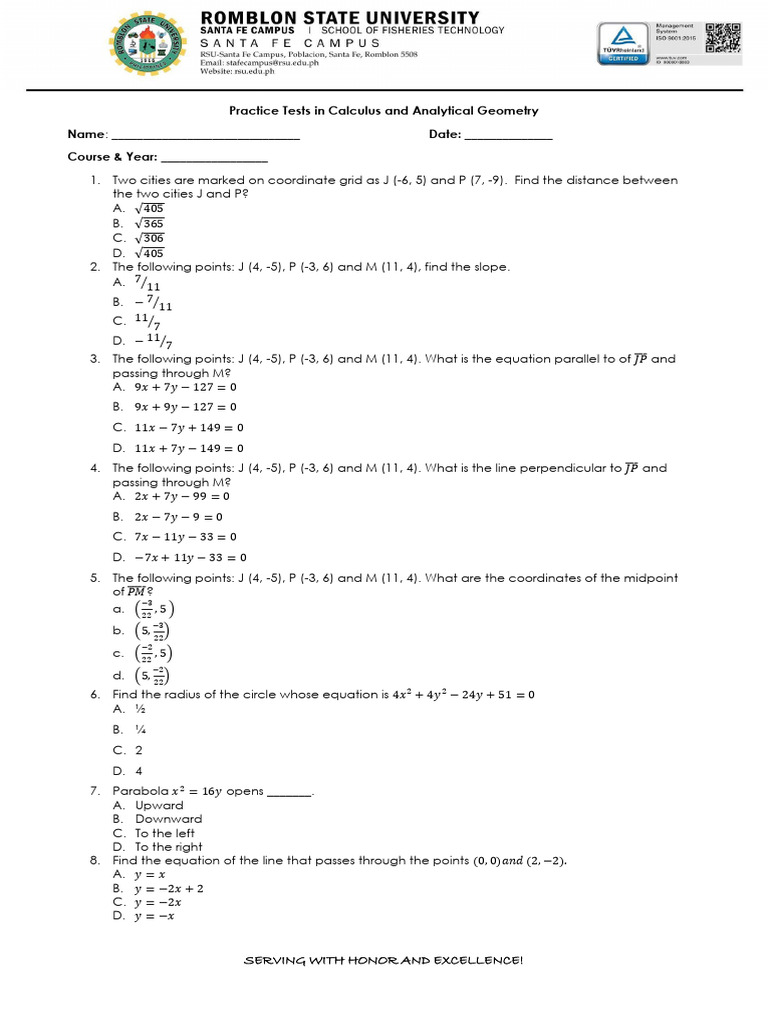 Calculus and Geometry Practice Tests | PDF | Ellipse | Line (Geometry)