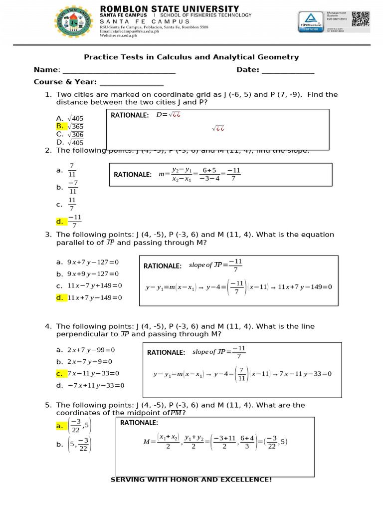 Answer Key - Calculus and Analytical Geometry - Final | PDF | Ellipse | Slope