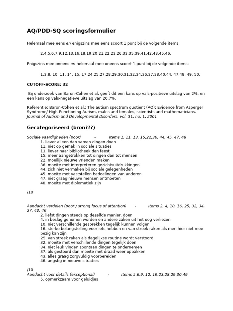 AQ PDD-SQ Scoringsformulier | PDF