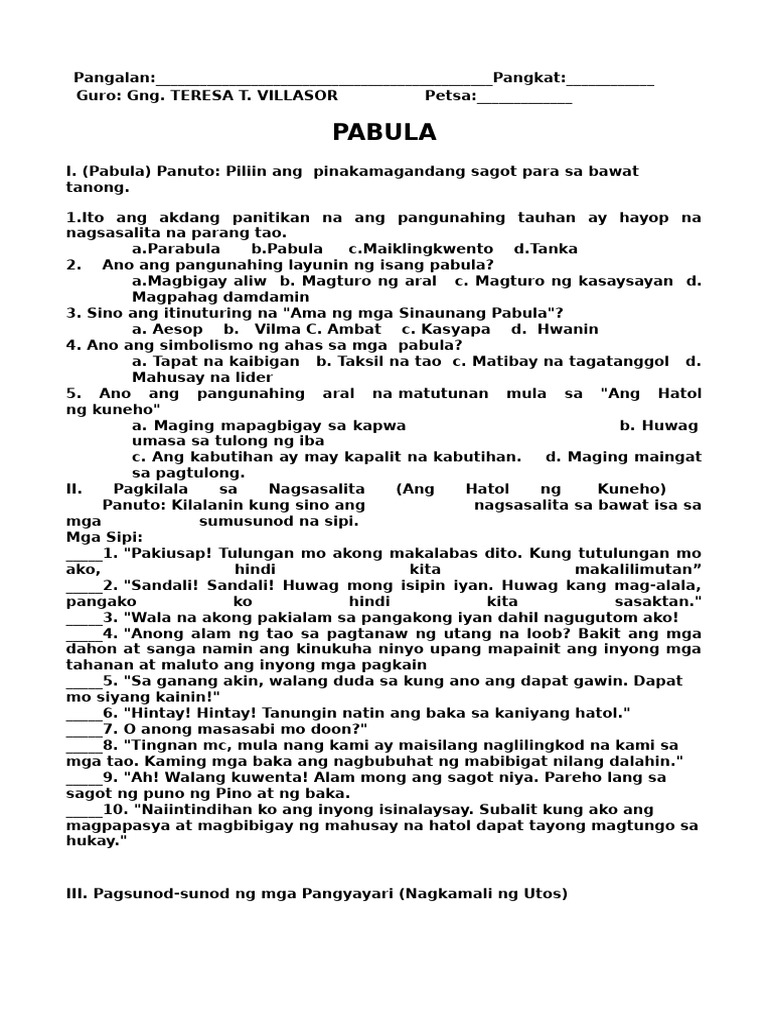 Test For Filipino (Group 1) | PDF