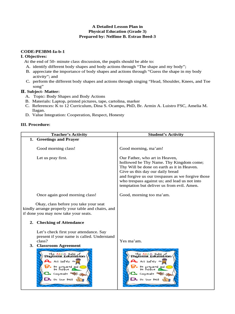 Grade 3 PE Lesson Plan: Body Shapes | PDF | Lord's Prayer | Learning