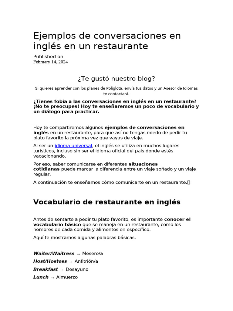 Conversación en Un Restaurante | PDF | Cocina | Alimentos