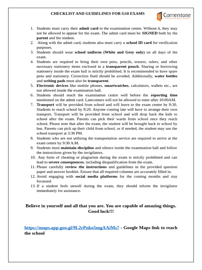 Checklist For g10 Exams | PDF