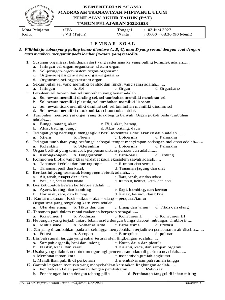 Soal Pat Ipa Kelas 7 2023 | PDF
