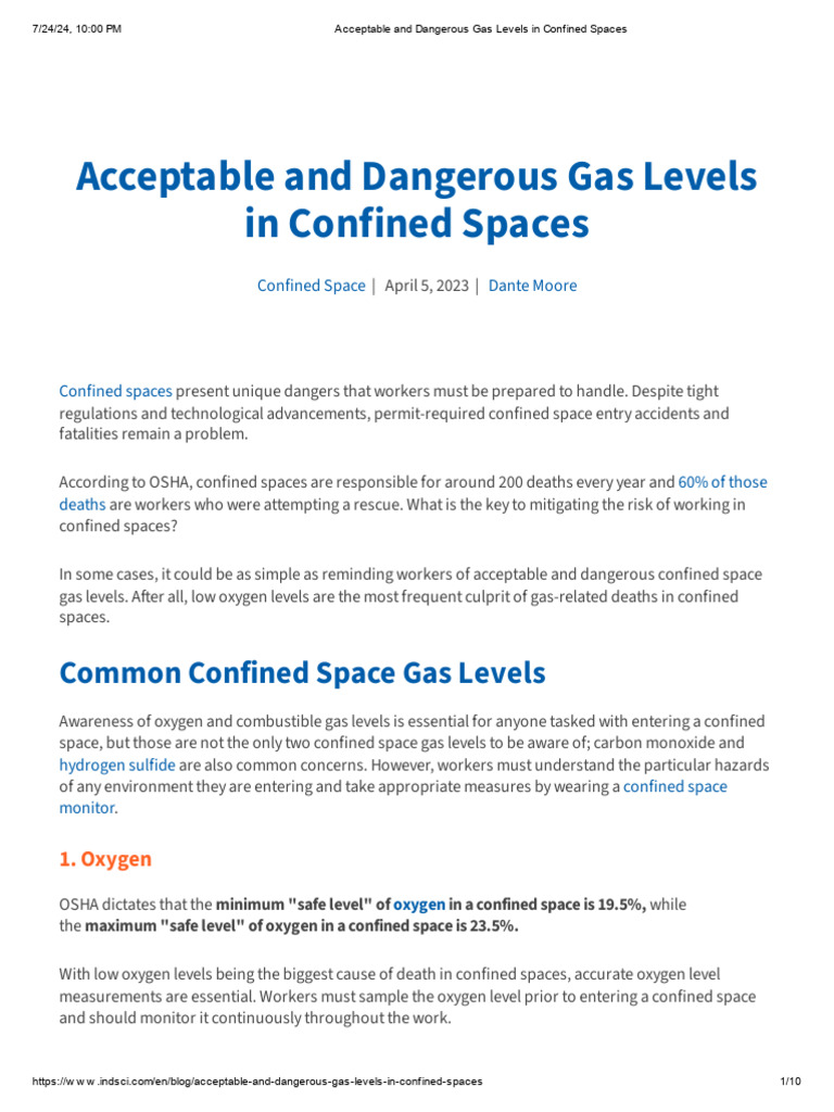 Acceptable and Dangerous Gas Levels in Confined Spaces | PDF | Combustion | Safety