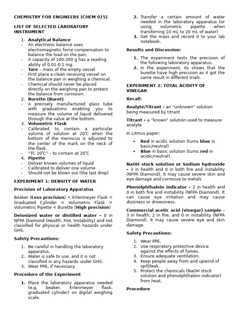 CHEM015 - Final Laboratory Examination Reviewer | PDF | Titration | Chemistry