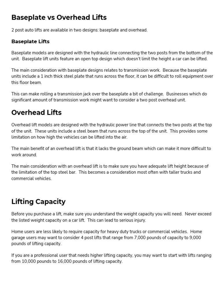 Baseplate vs Overhead Auto Lifts Explained | PDF | Elevator | Concrete