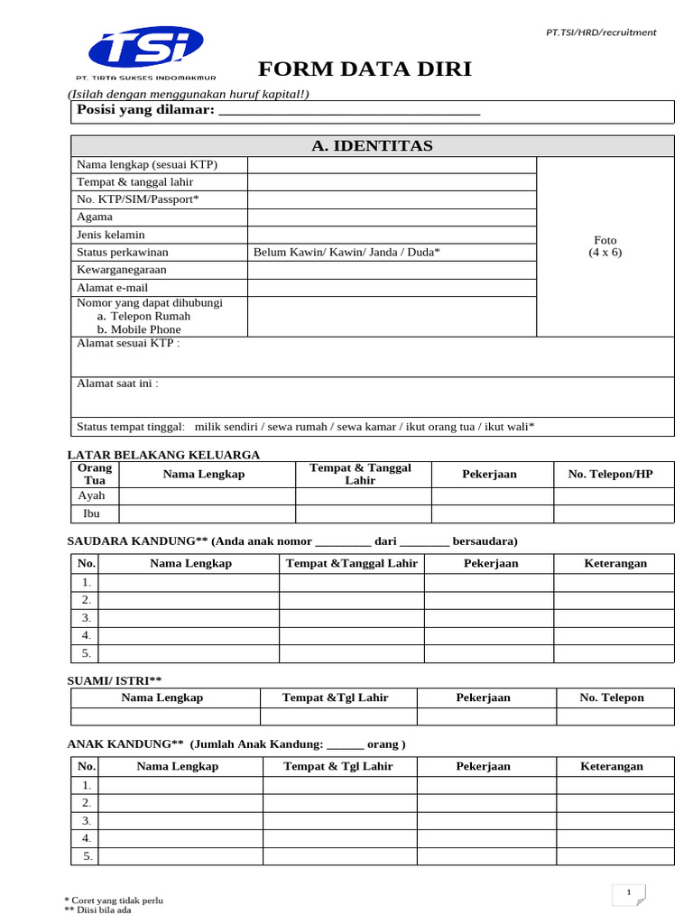 FORM DATA DIRI PELAMAR PT. TSI | PDF