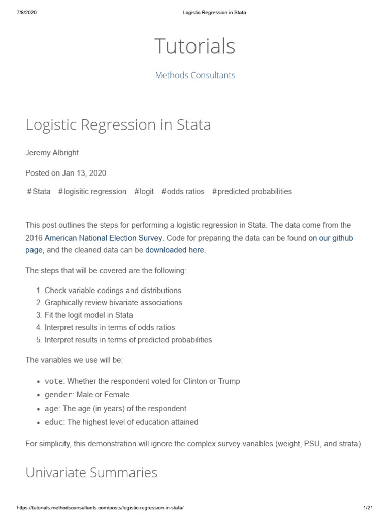 Logistic Regression in Stata | PDF | Logistic Regression | Regression ...