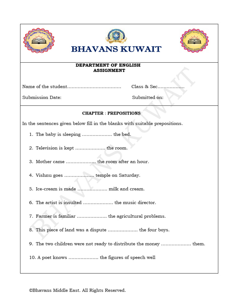 Assignment Prepositions | PDF