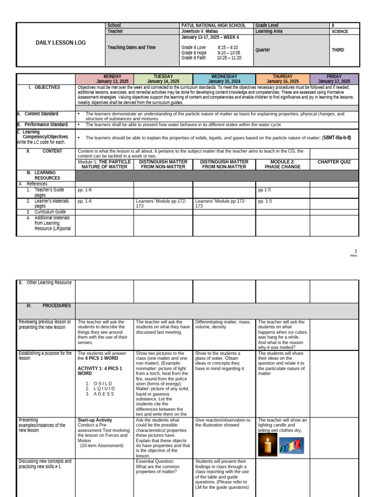 Grade 8 Science Lesson Plan: Matter | PDF | Matter | Water