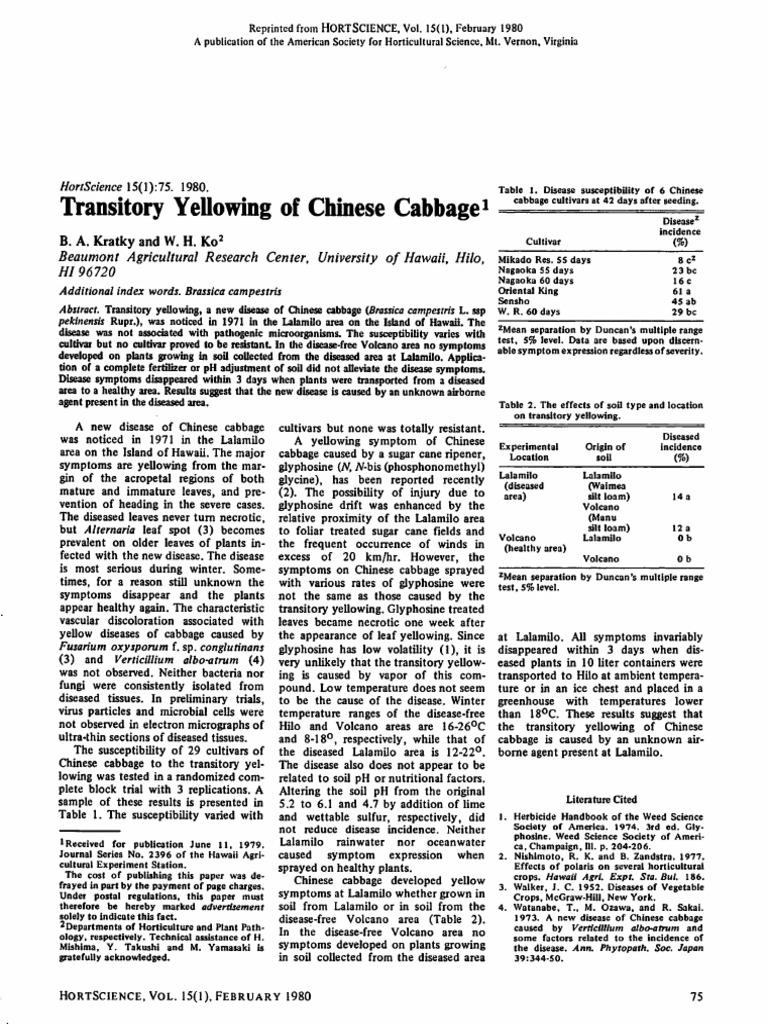 Transitory Yellowing of Chinese Cabbage | PDF