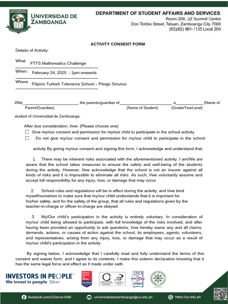 FO DSAS 096 Activity Consent Form | PDF | Consent | Risk
