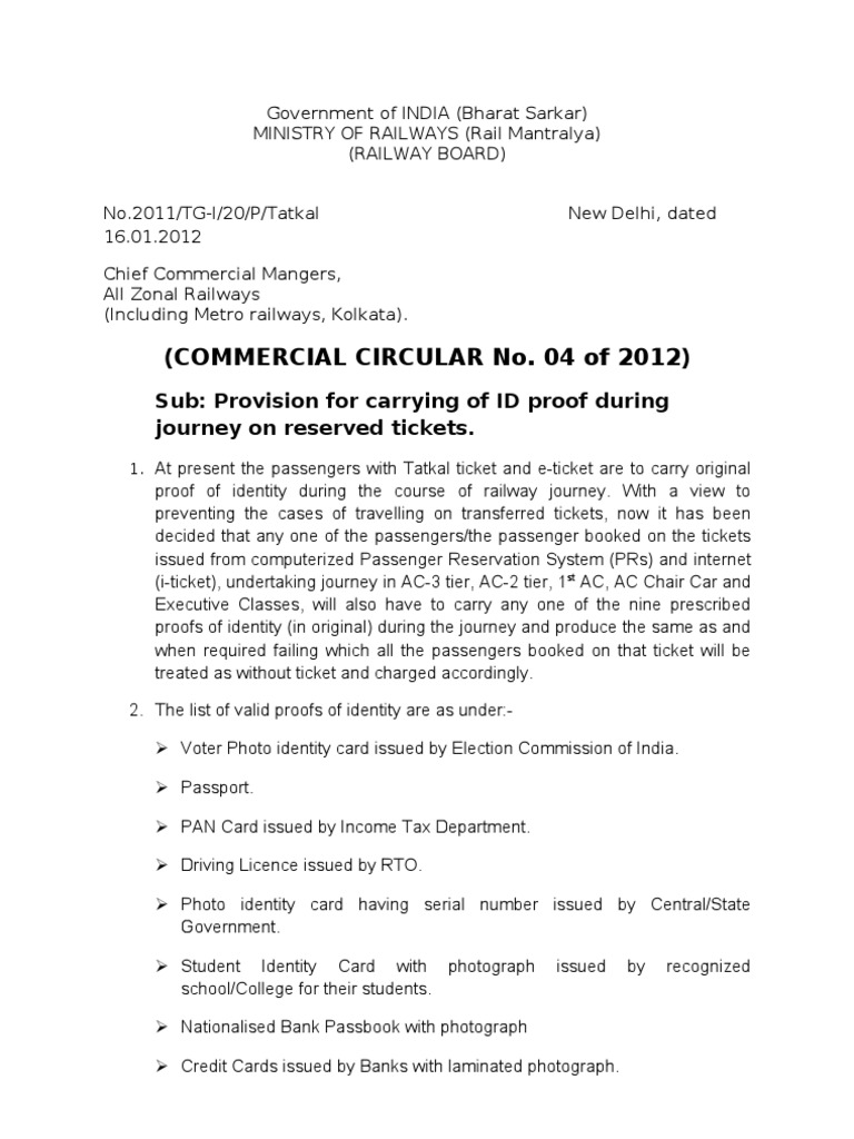 Indian Railway Commercial Circular | PDF | Identity Document ...