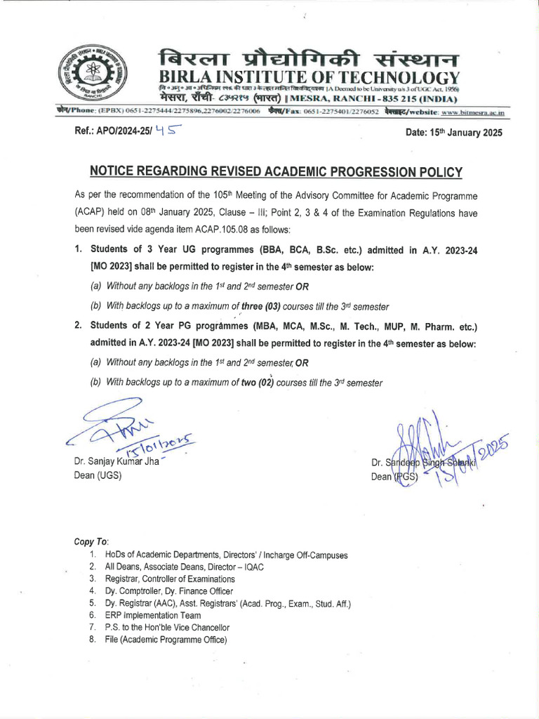 Notice Regarding Revised Academic Progression Policy Dated 15th January ...