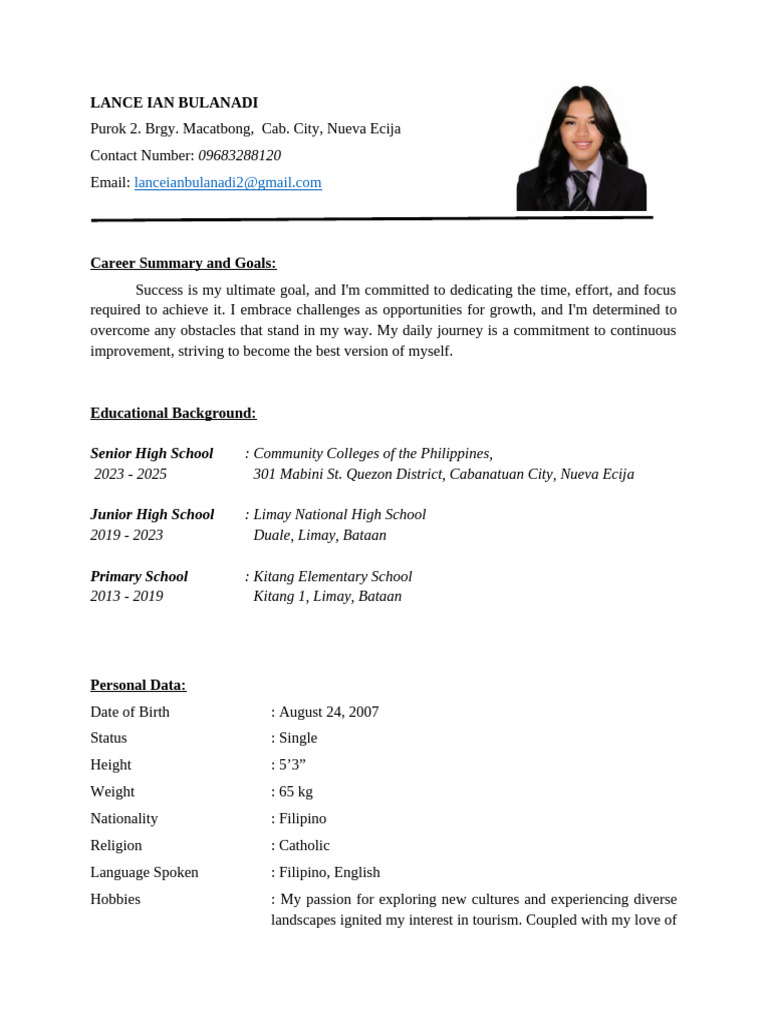 Work Immersion Resume | PDF | Cognition
