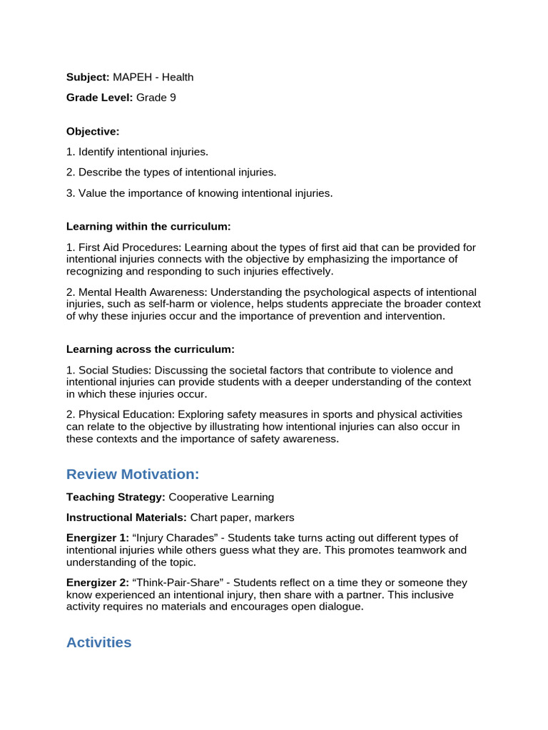 Mapeh-Health 9 Lesson Plan 2 | PDF | Learning | Social Psychology
