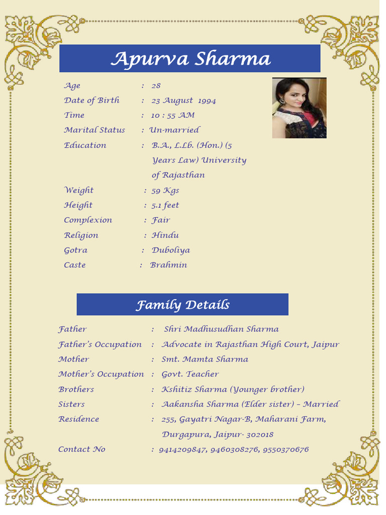 Marriage Biodata Apurva Sharma | PDF