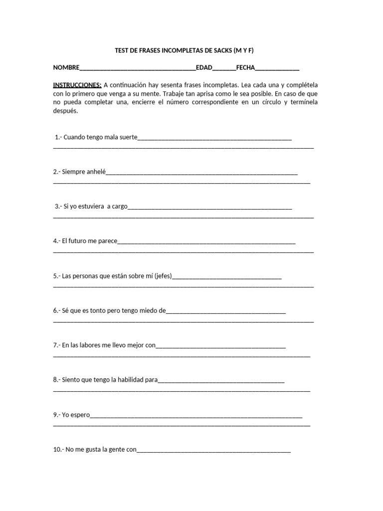 Test de Sacks para Adultos | PDF