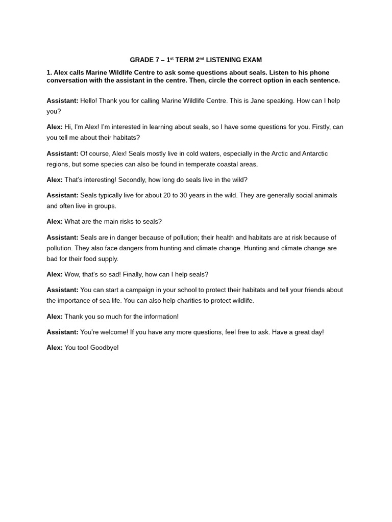 Grade 7 Listening Exam 2 Tapescript | PDF | Pinniped | Habitat