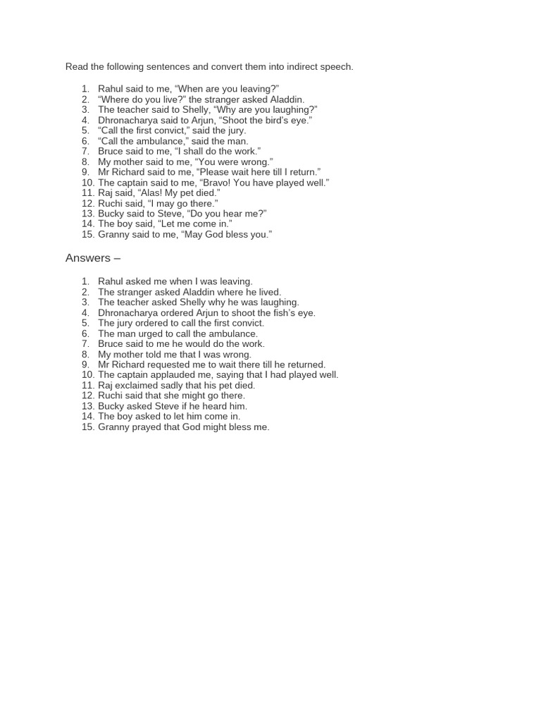 Read The Following Sentences and Convert Them Into Indirect Speech | PDF