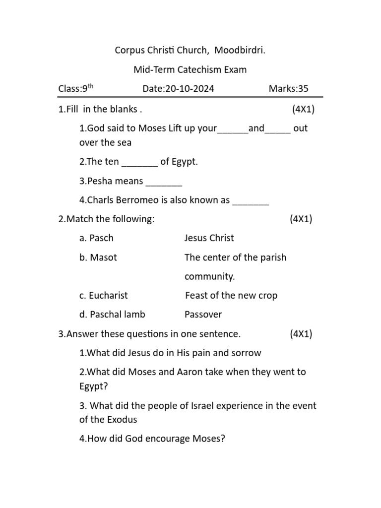 Class 9 Mid-Term Catechism Exam 2024 | PDF