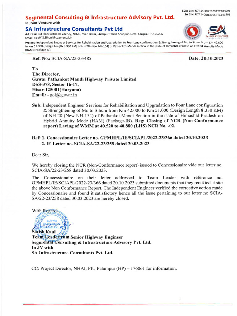 485 - Closing of NCR (Non-Conformance Report) Laying Og WMM at 40.520 ...