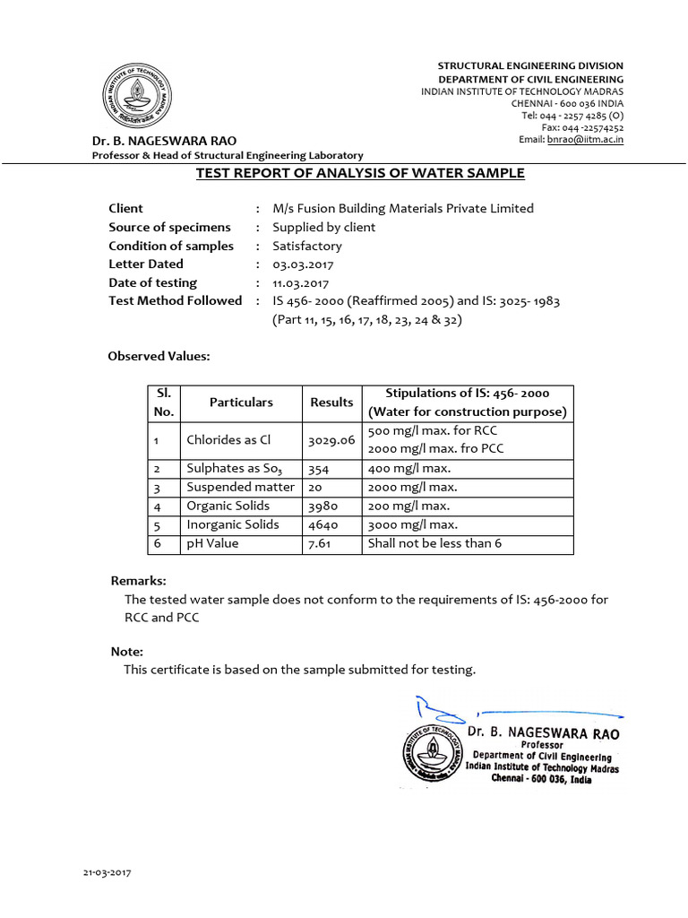 Water Sample Test Report - IIT Madras | PDF
