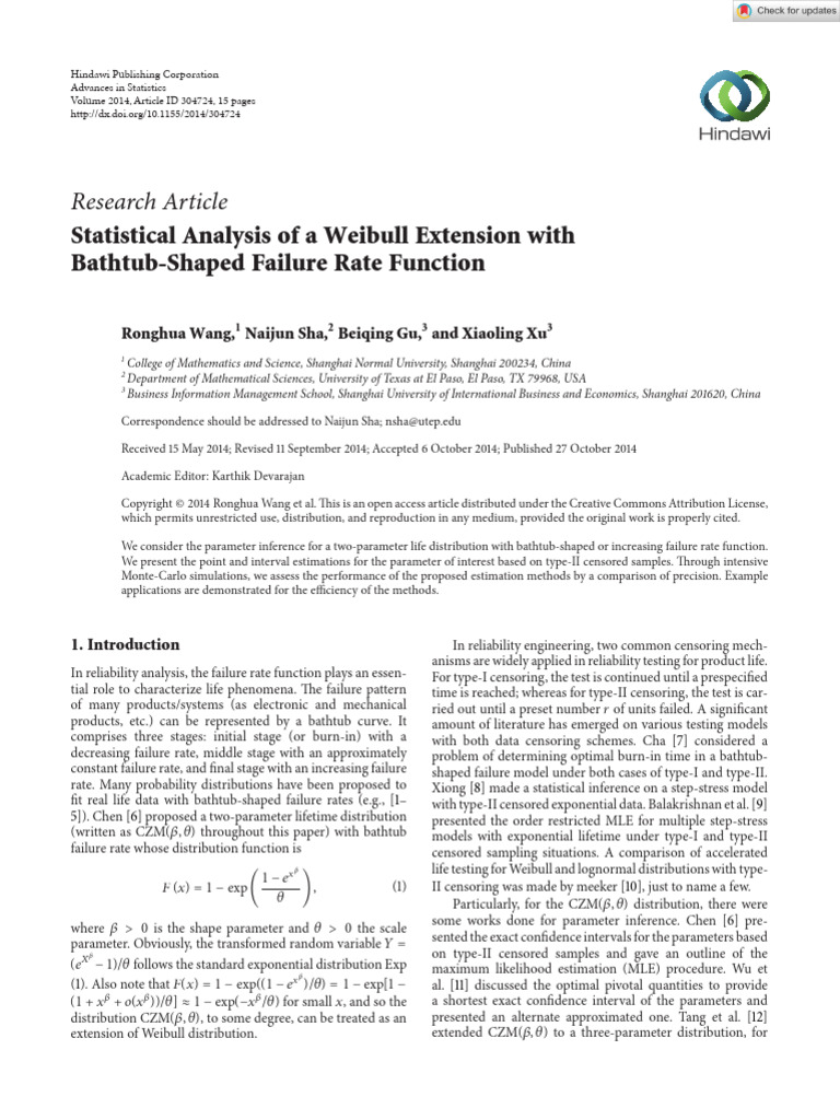 Advances in Statistics - 2014 - Wang - Statistical Analysis of A Weibull Extension With Bathtub ...