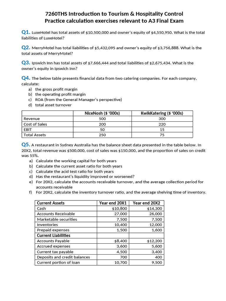 Practice Calculation Exercises A3 Practice Questions | PDF | Net ...