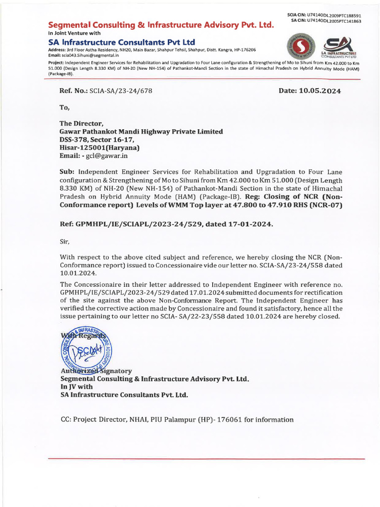 Letter No-678, Closing of NCR-07 Levels of WMM Top Layer. | PDF