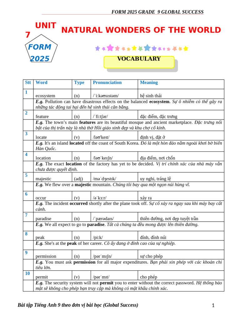 HS new form 2025 U7 lớp 9 BÀI TẬP BỔ TRỢ GLOBAL SUCCESS | PDF