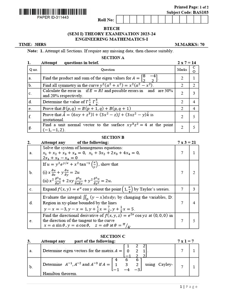 AKTU Maths-1 - I-Year Question Papers | PDF | Eigenvalues And ...